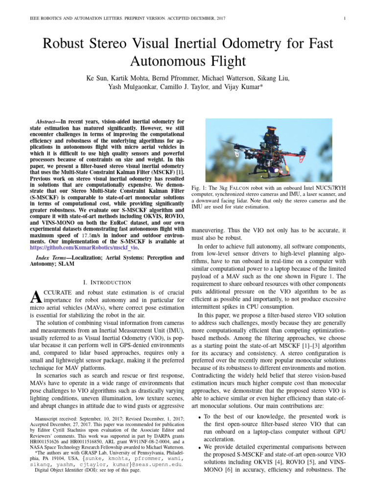 Robust Stereo Visual Inertial Odometry for Fast | PDF