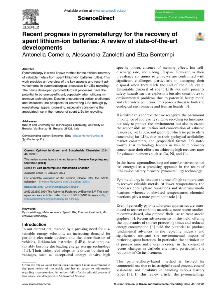 Recent Progress in Pyrometallurgy For The Recovery 2024 Current Opinion ...