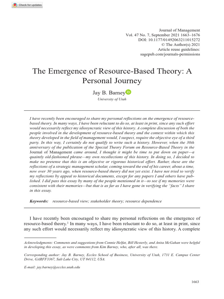 Barney 2021 The Emergence of Resource Based Theory A Personal Journey ...