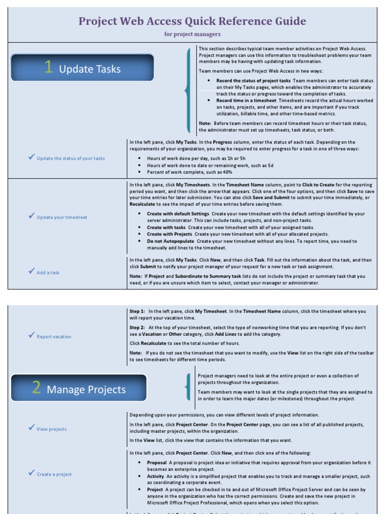 Update Tasks: Project Web Access Quick Reference Guide | PDF | Data ...