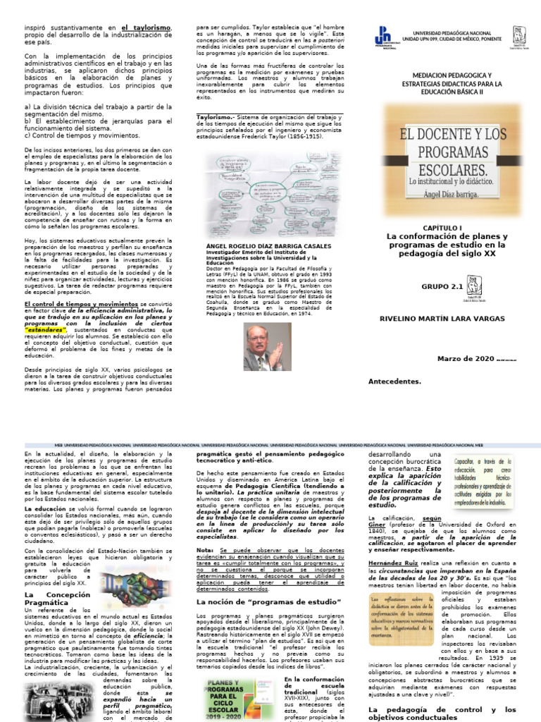 Triptico Del Libro El Docente y Los Programas Escolares Capítulo 1 | PDF | Escuelas | Pedagogía