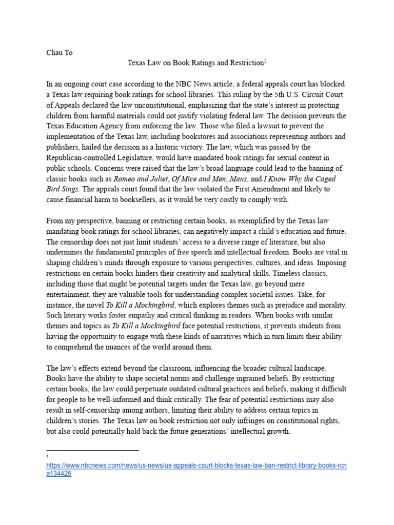 Texas Law On Book Ratings and Restriction | PDF | Critical Thinking