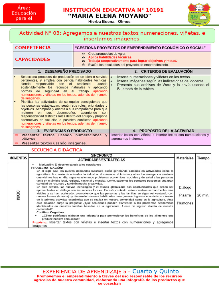 EPT - EXPERIENCIAS DE APRENDIZAJE 5 - CUARTO - Sesion 3 - HIERBA BUENA - 3 BIMESTRE | PDF ...