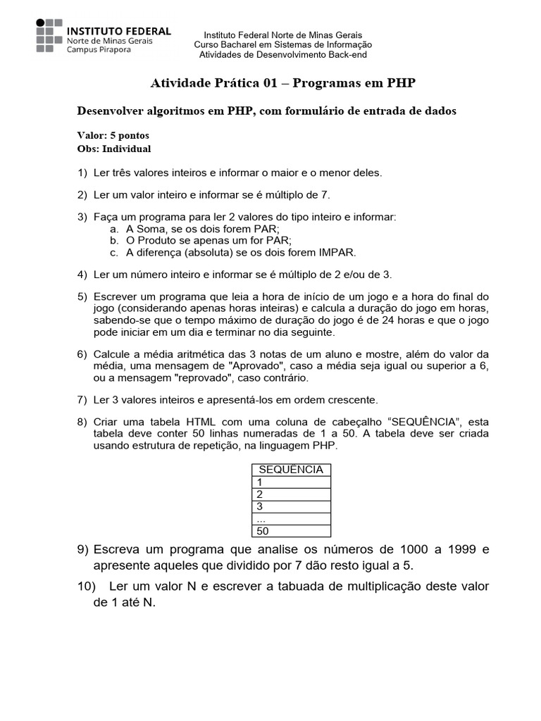 Atividade 01 - Algoritmos Em PHP | PDF