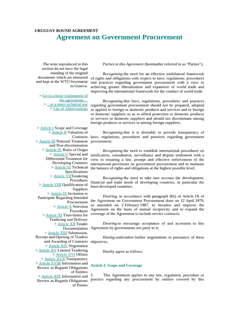 Uruguay Round Government Procurement Agreement | PDF | World Trade ...