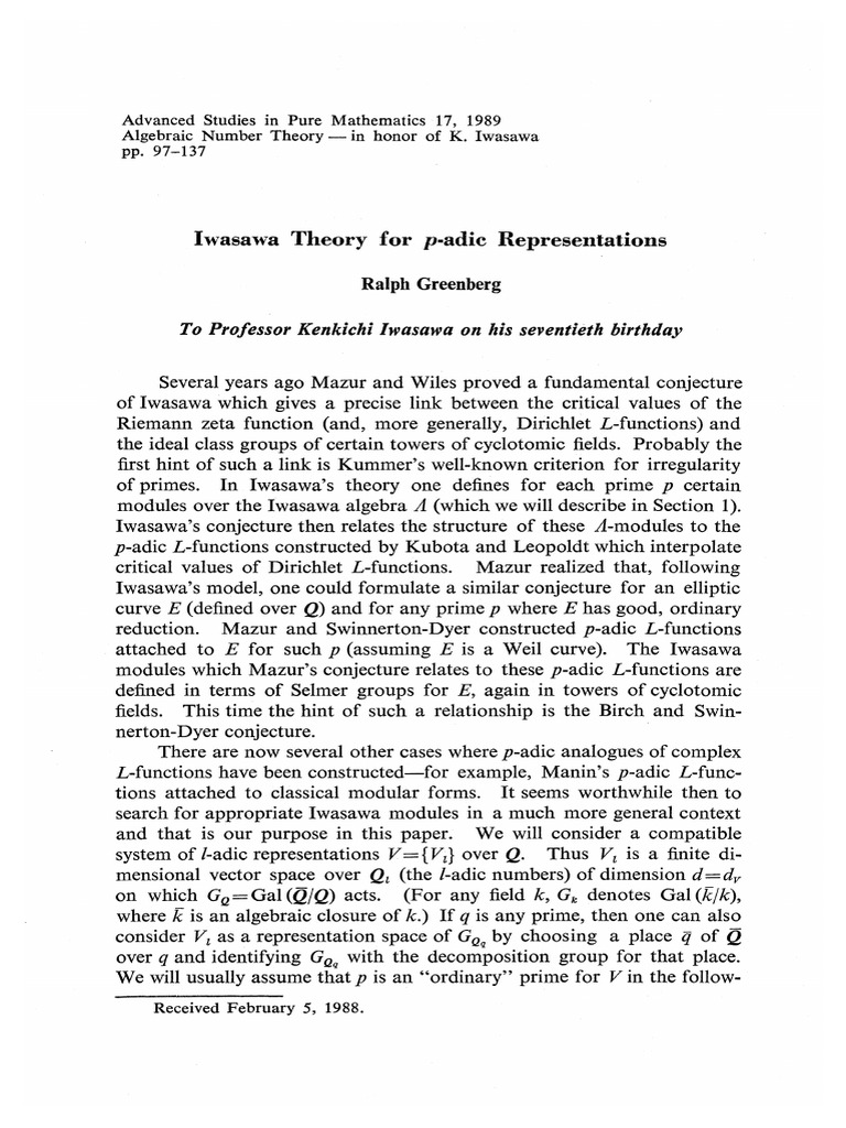 Iwasawa Theory for p-adic Representations | PDF | Mathematical Concepts ...