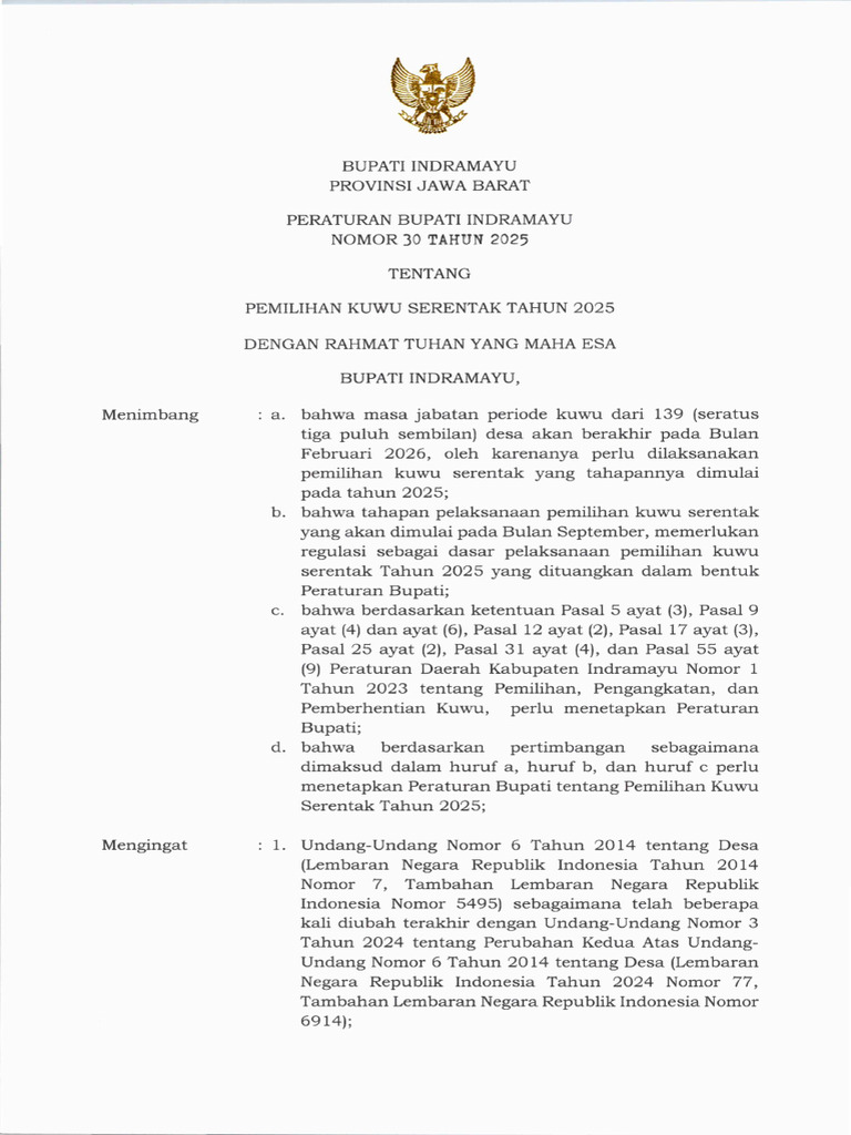 Perbup Nomor 30 Tahun 2025 Tentang Pilwu Serentak - Lampiran | PDF