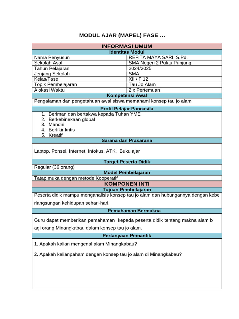 Format Modul Ajar Ok | PDF