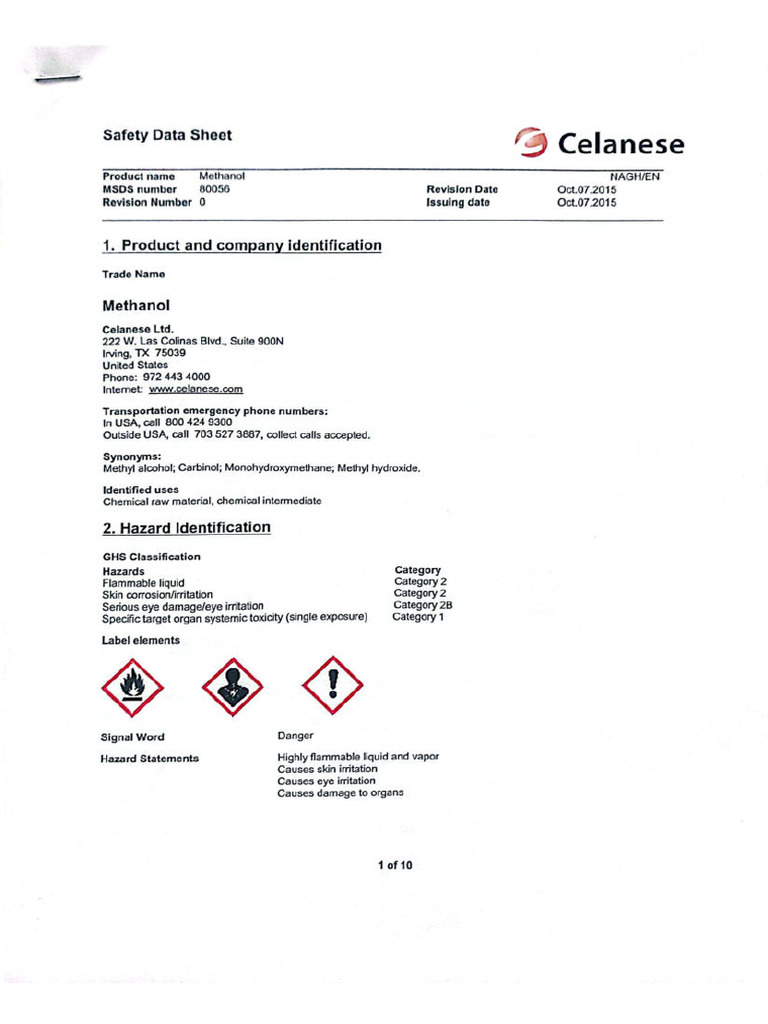 Msds Methanol (Meoh) - Compressed | PDF