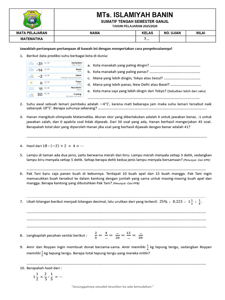 Soal Sts Ganjil 2025 2026 MTK Kelas 7 | PDF