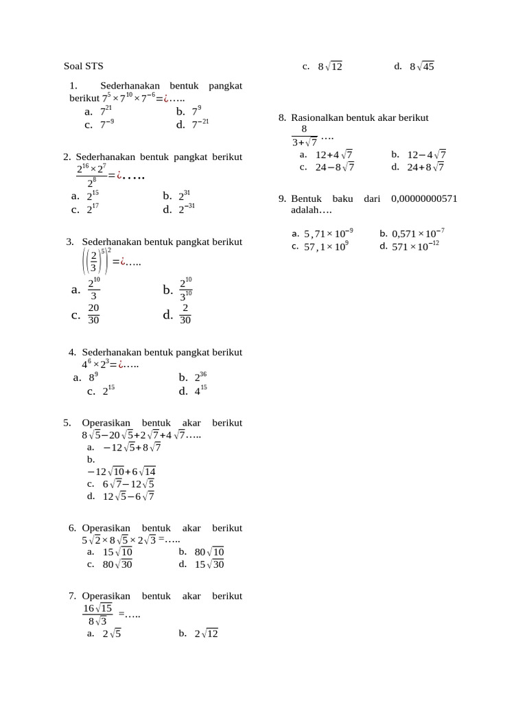 Soal STS MTK SMT Ganjil 2025 | PDF