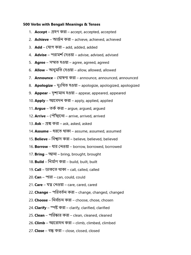 500 Verbs With Bengali Meanings | PDF