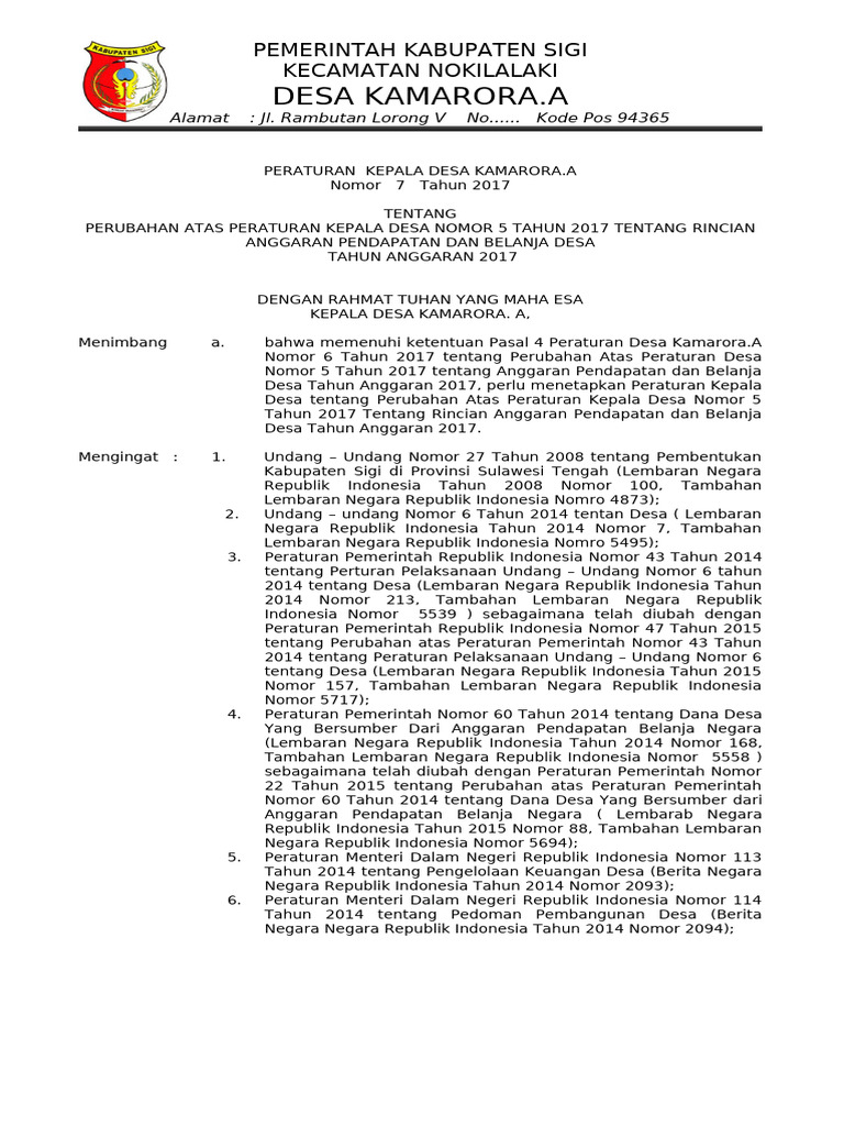 Penjabaran Perubahan APBDes 2017 | PDF