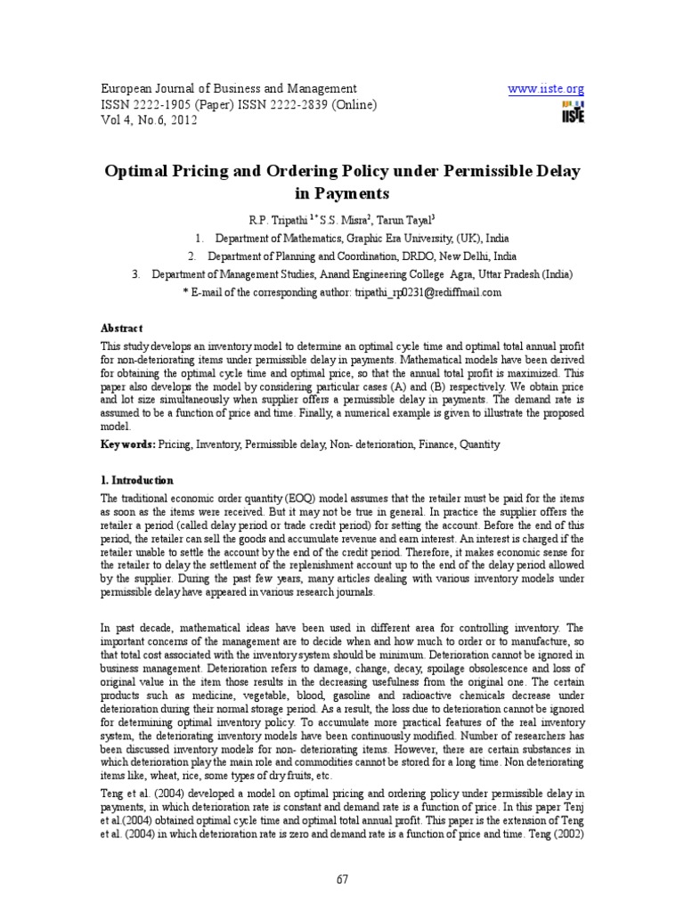 67 78 Optimal Pricing And Ordering Policy Under Permissible Delay In Payments Pdf Natural