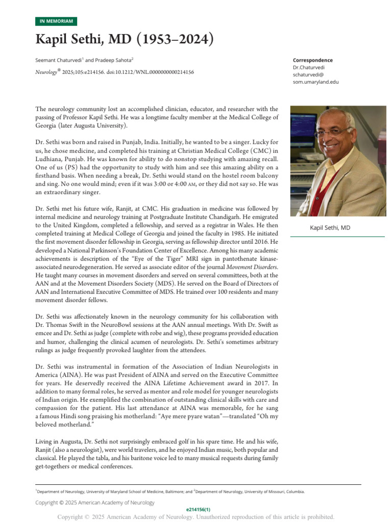 In Memoriam: Kapil Sethi, MD | PDF | Neurology | Medicine