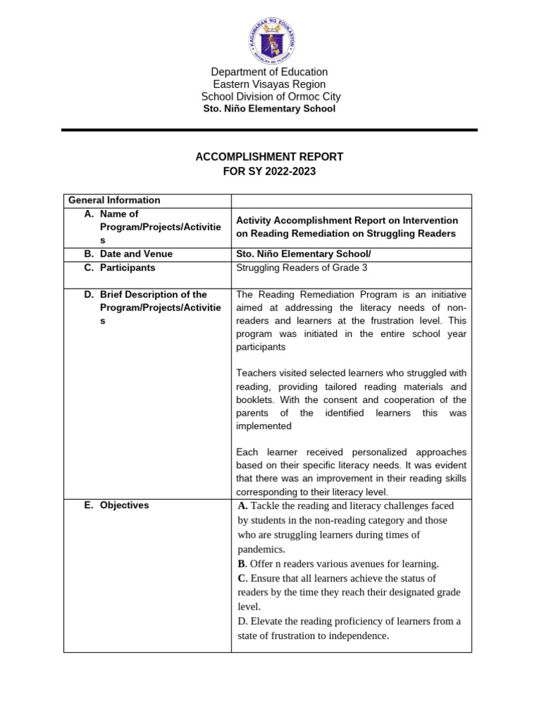 Remedial Reading Accomplishment Report Sample | PDF | Literacy ...