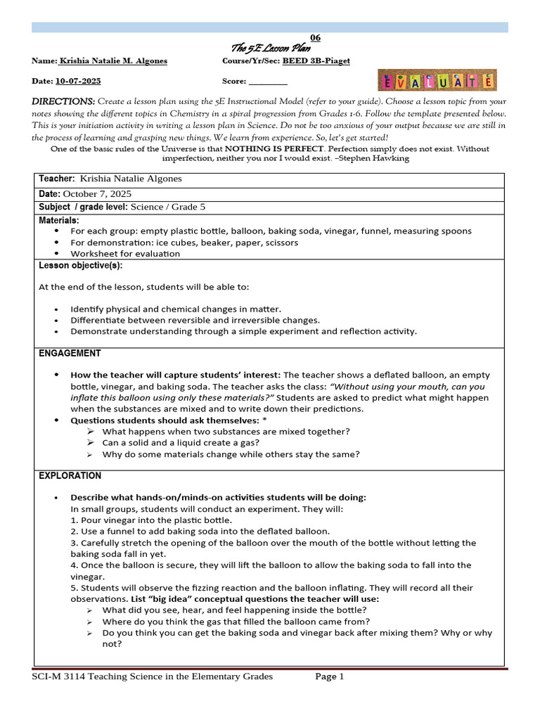 Krishia Natalie Algones - Take-Away #7.0 The 5E Lesson Plan | PDF ...