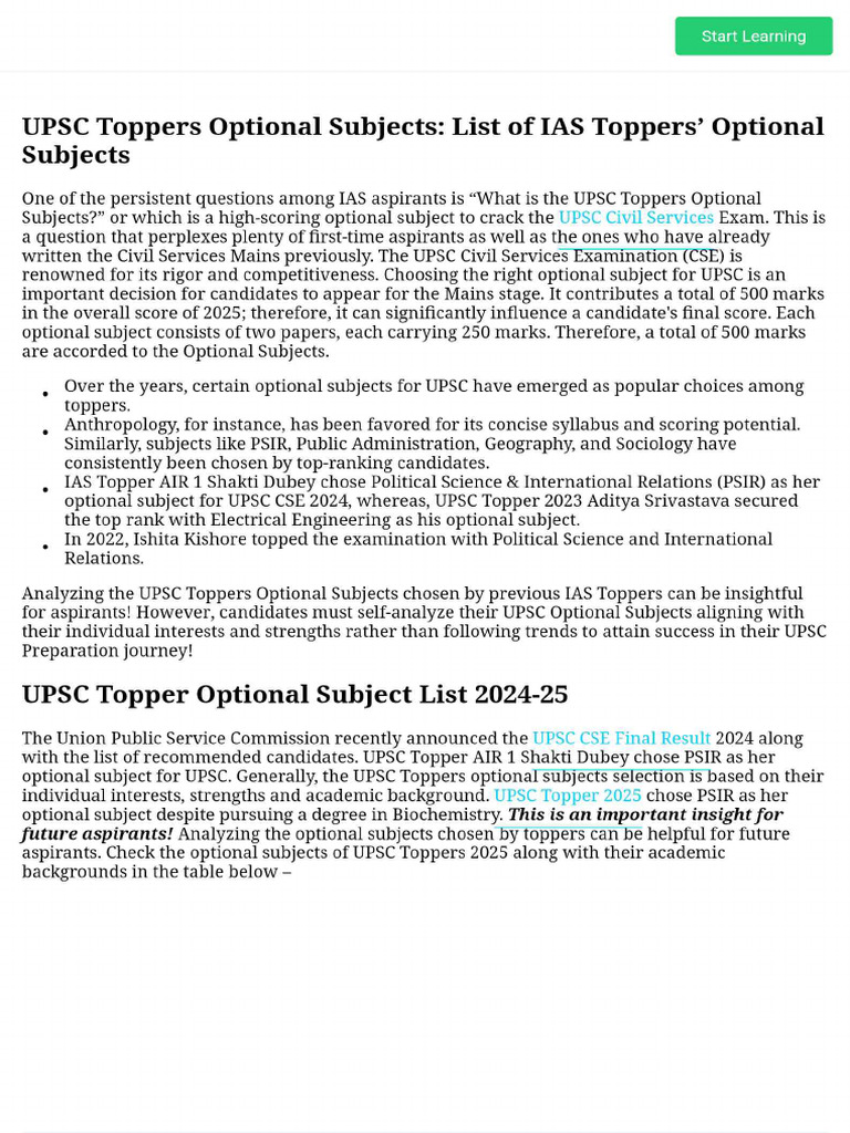 UPSC Toppers Optional Subjects - List of IAS Toppers' Optional Subjects | PDF