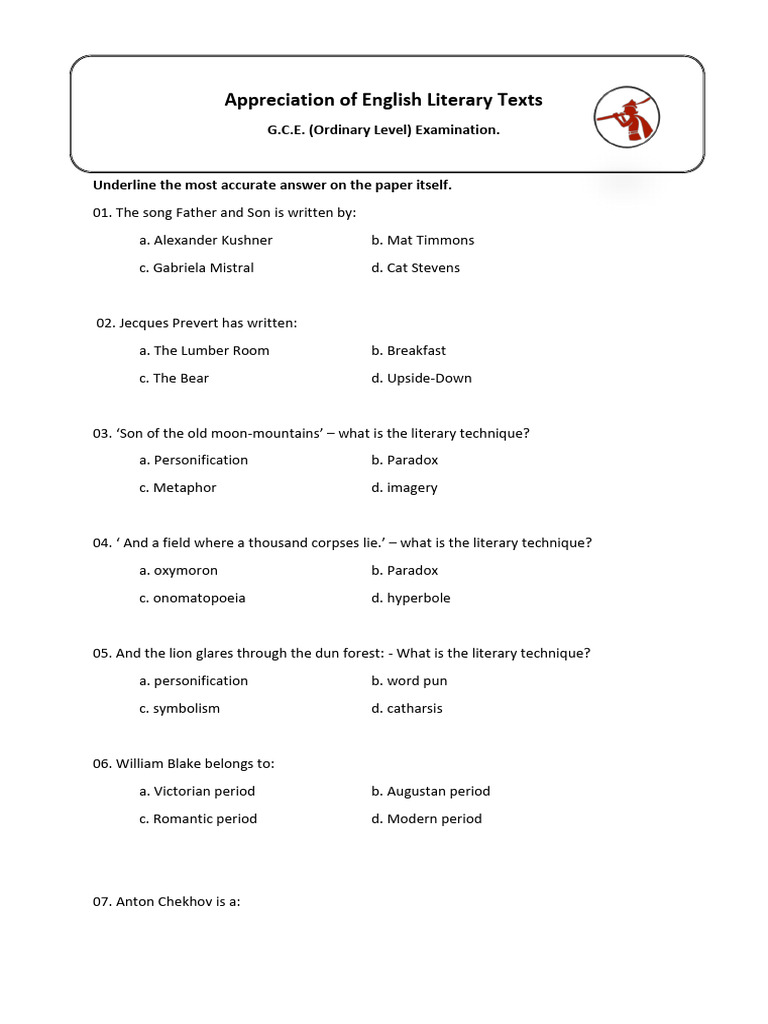 English Literary Texts Exam Questions | PDF
