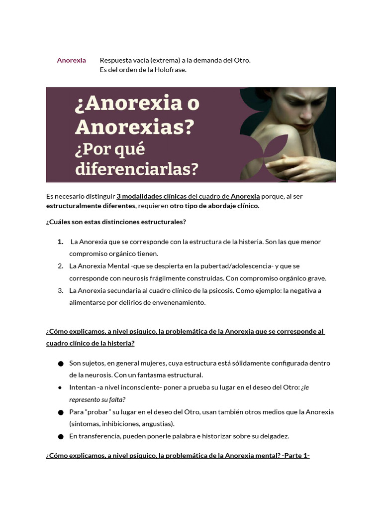 Tipos de Anorexia y Abordajes Clínicos | PDF | Anorexia nerviosa | Neurosis