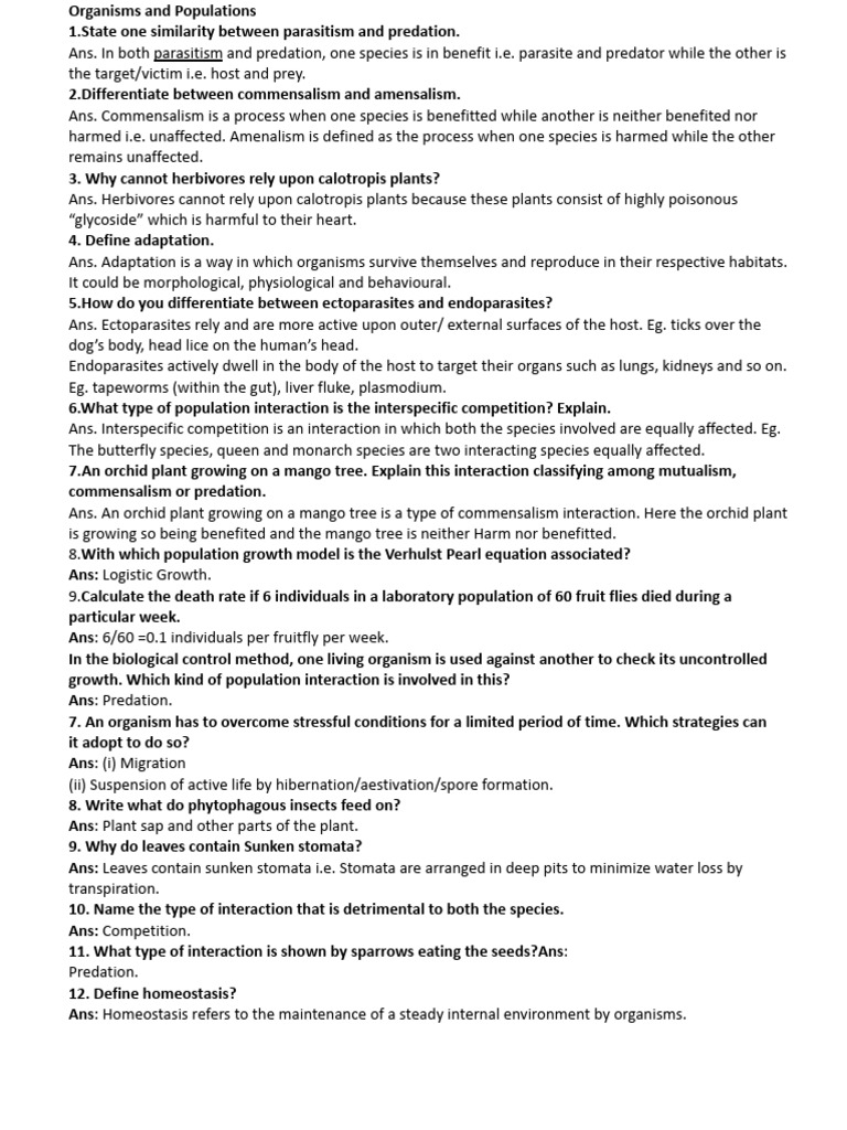 Organisms and Populations Question Answer | PDF | Parasitism | Predation