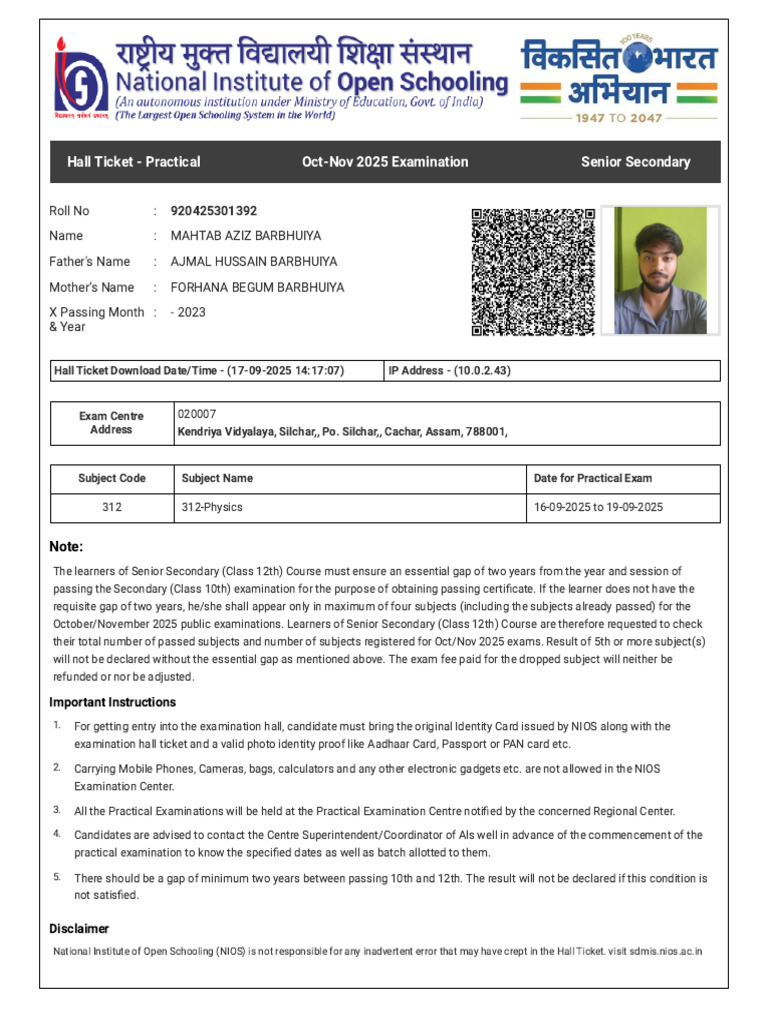 Senior Secondary Practical Exam Hall Ticket | PDF
