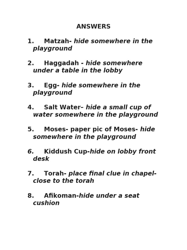 ANSWERS To Passover Scavenger Hunt | PDF