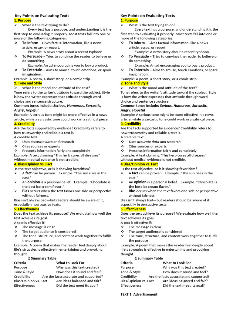 Evaluating Texts: Key Criteria Guide | PDF | Credibility | Bias