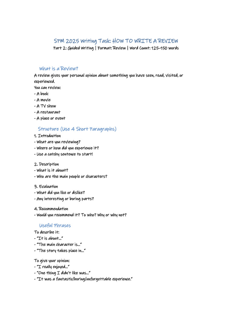 SPM 2025 Review Writing Guide | PDF
