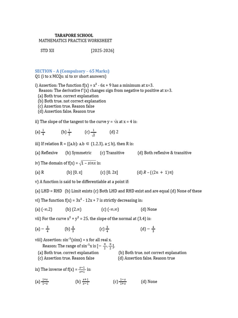 Mathematics Practice Worksheet STD XII | PDF | Line (Geometry ...