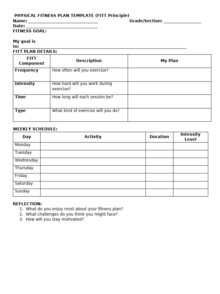 Physical Fitness Plan Template | PDF | Physical Fitness | Physical Exercise