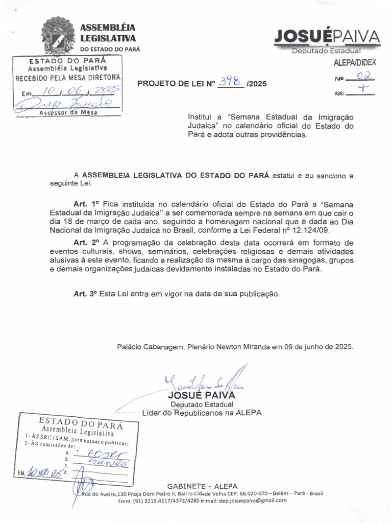 PLO3982025 Meu Artigo Na Lei Aprovada Na ALEPA Sobre A Gente. Judeus ...