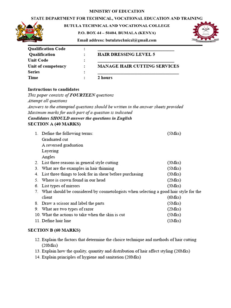 Hair Dressing Level 5: Cutting Services Exam | PDF