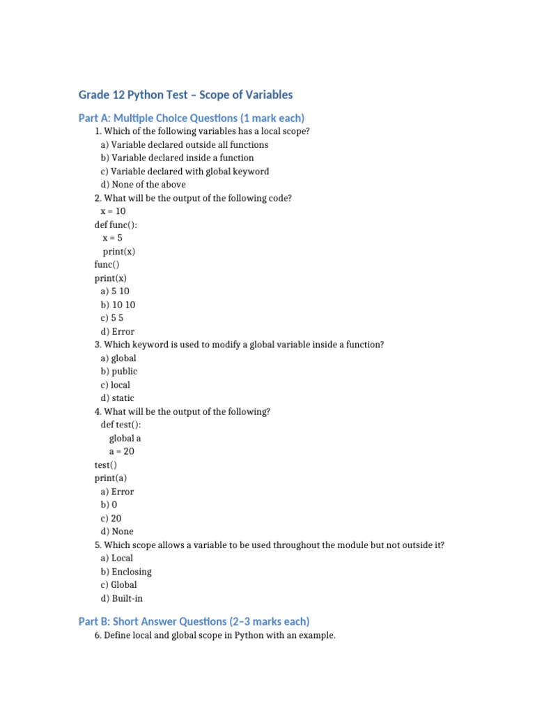 Grade 12 Python Variables Test | PDF