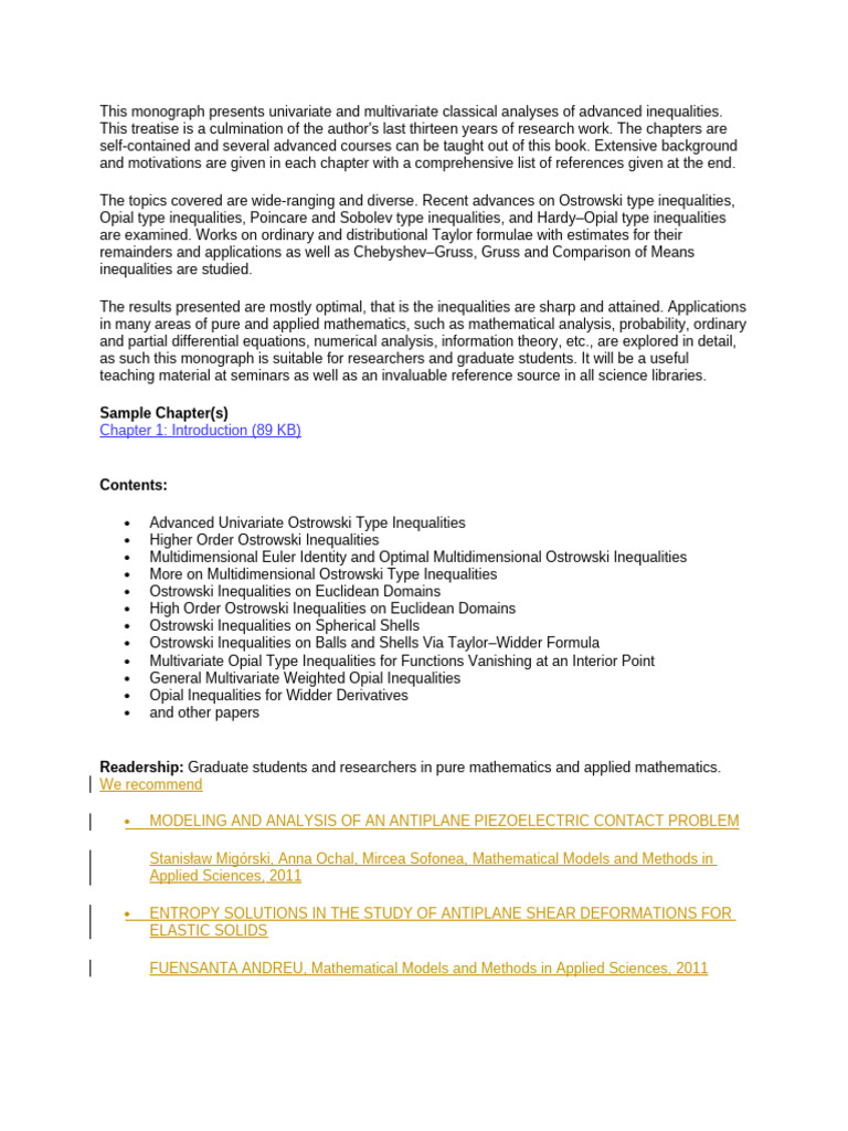 This Monograph Presents Univariate and Multivariate Classical Analyses ...