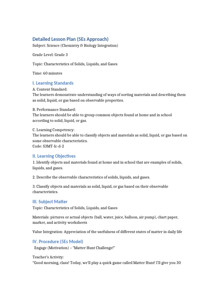Lesson Plan Characteristics of Solids Liquids and Gases | PDF | Gases ...