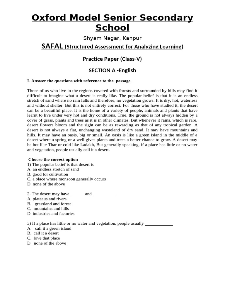Safal Sample Paper For Class 5th | PDF | Desert | Plants