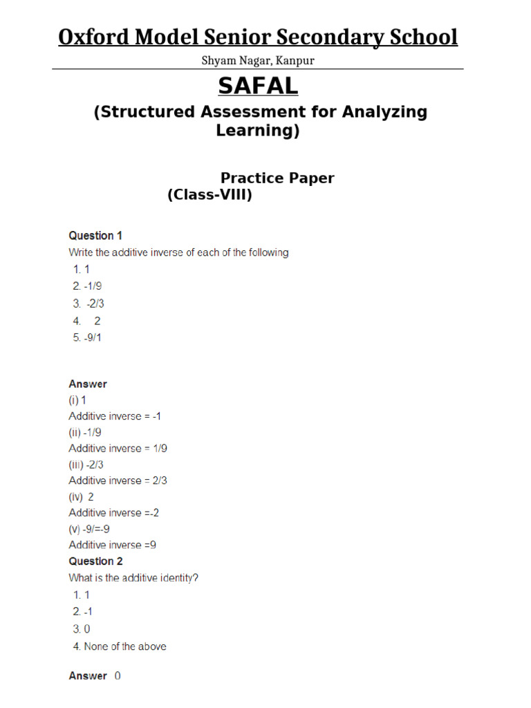 Class 8 SAFAL Exam Practice Paper | PDF