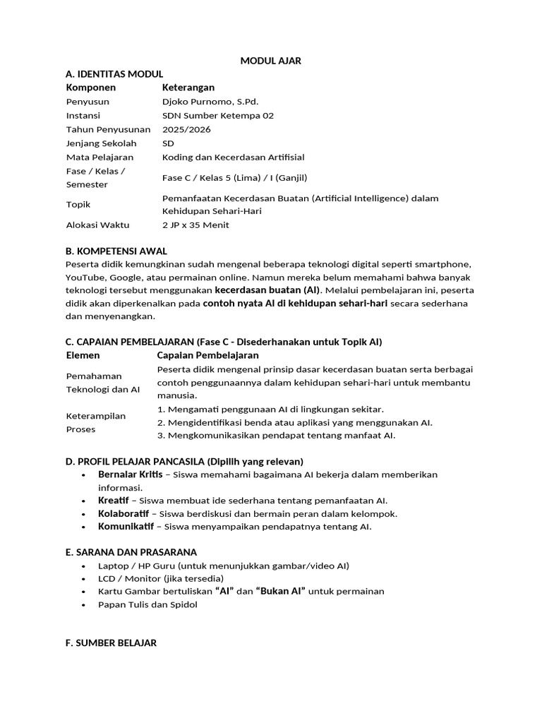 Modul Ajar Koding untuk SD: AI | PDF