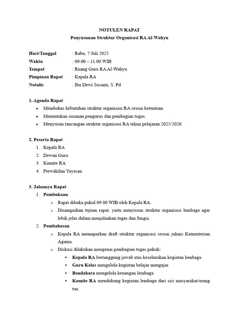 Notulen Rapat Struktur Organisasi RA | PDF