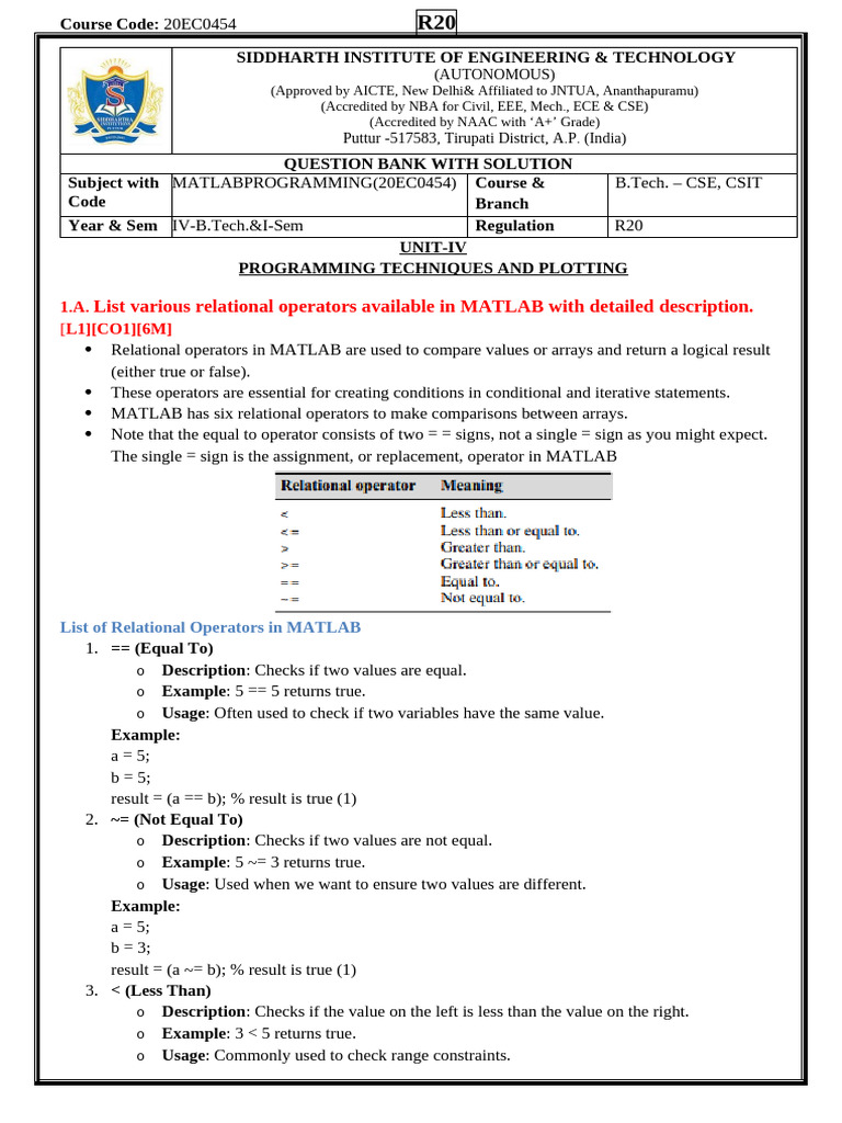 Unit-4 Matlab Programming Question Bank Solution | PDF | Linear Regression | Computer Programming