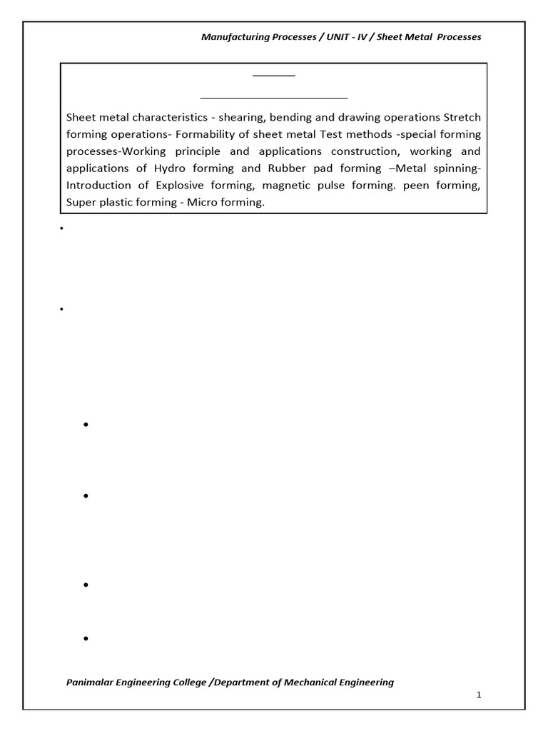 MP Notes - Unit - IV | PDF | Sheet Metal | Bending