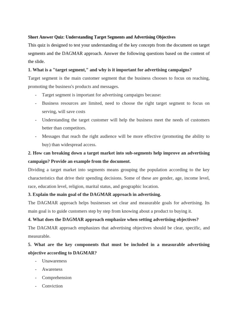 Short Answer Quiz - Understanding Target Segments and Advertising ...