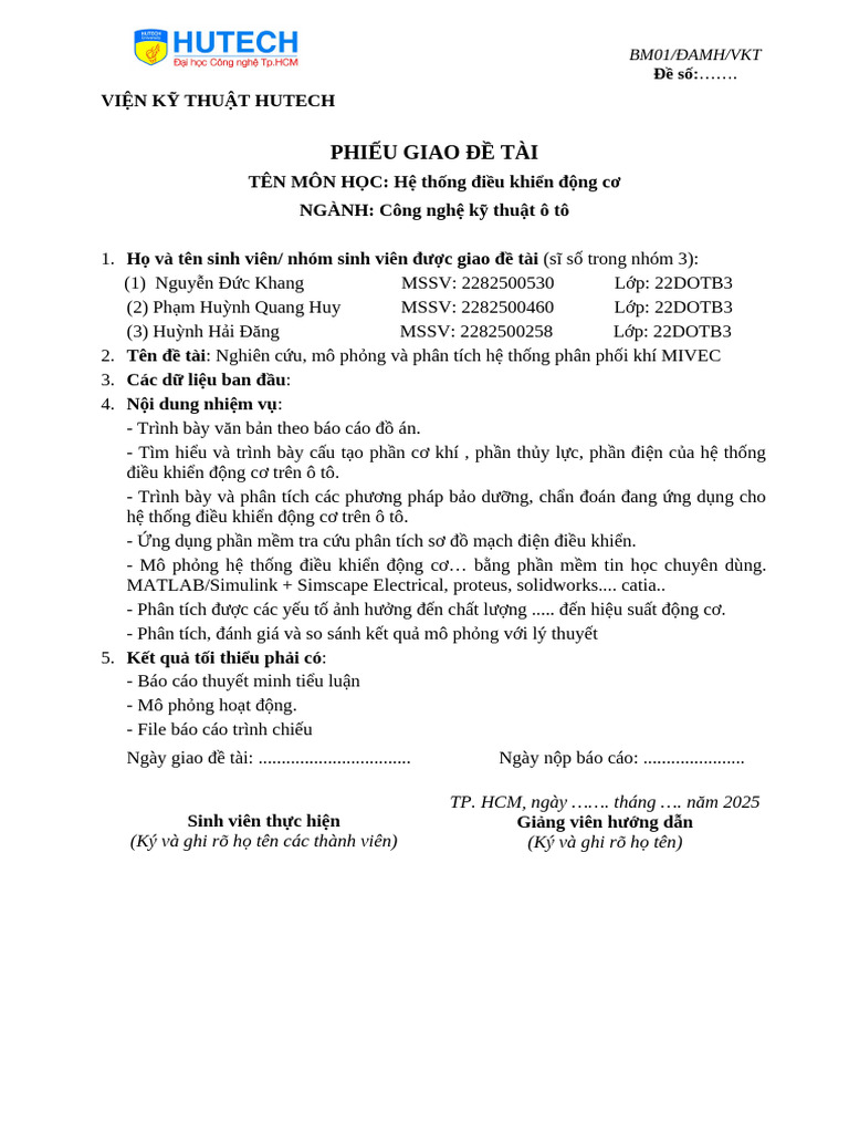 Phieu Giao de Tai Bai Tieu Luan - Hoten - Tenlop | PDF