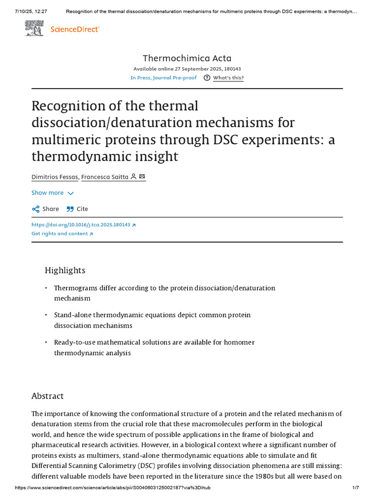 Recognition of The Thermal Dissociation/denaturation Mechanisms For ...