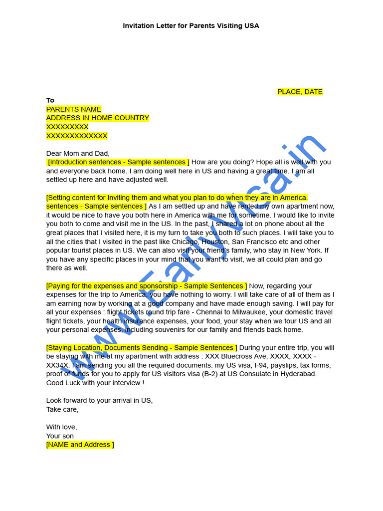 Parents Invitation Letter US - WWW - Earlyvisa.in | PDF