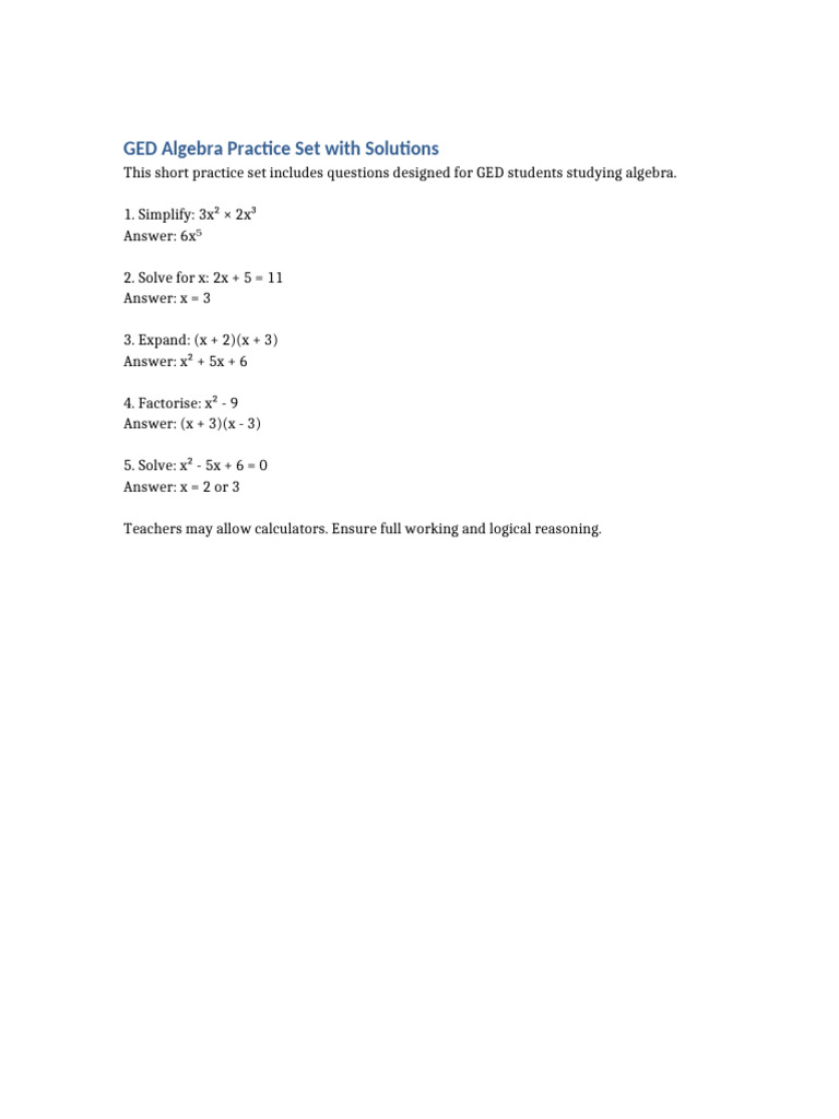 GED Algebra Practice Set | PDF