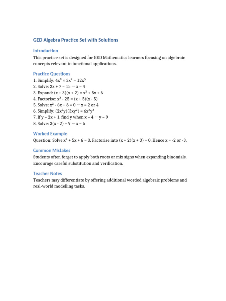 GED Algebra Practice Set Updated | PDF
