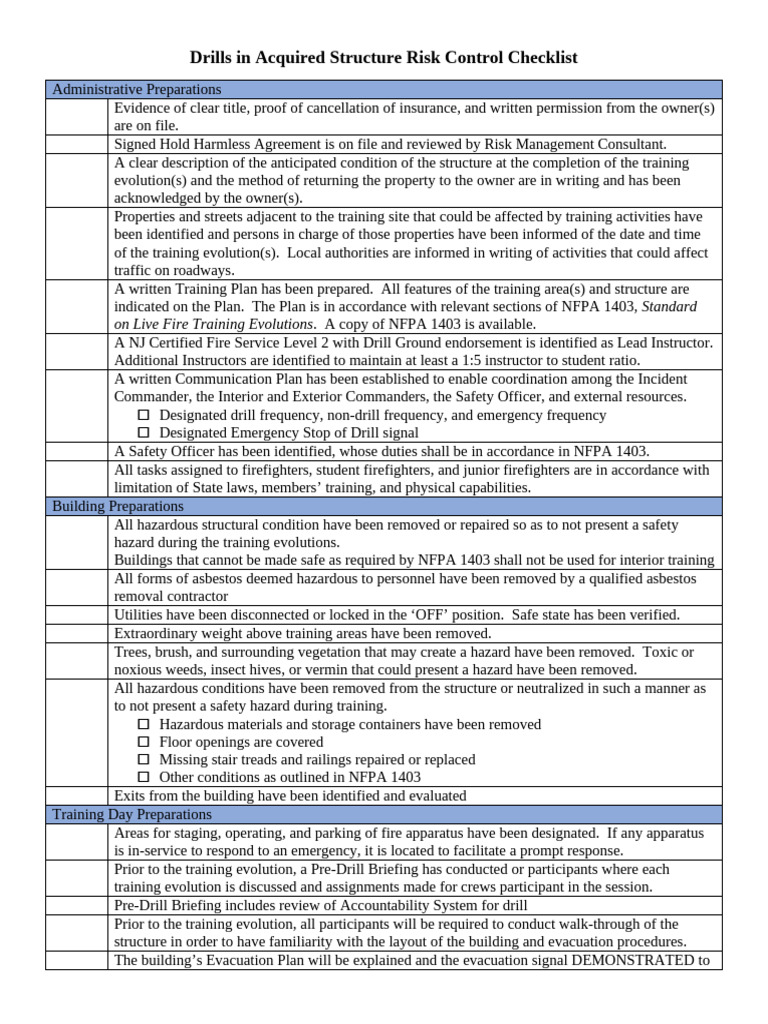 NFPA 1403 Training Safety Checklist | PDF | Firefighter | Personal ...