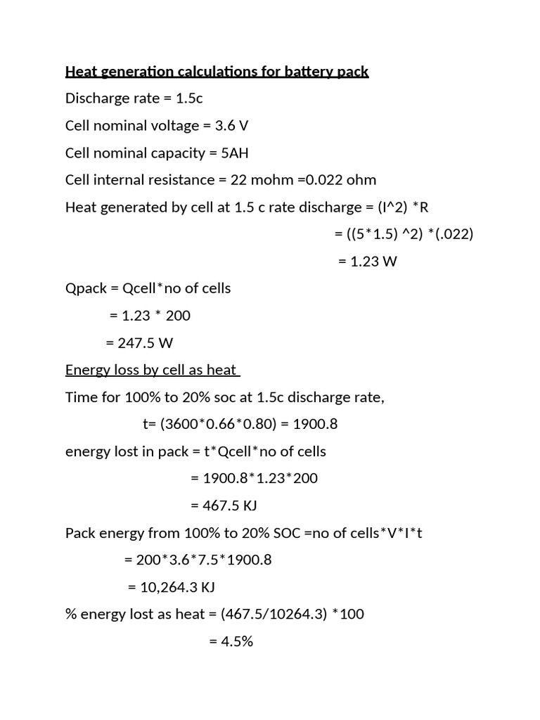 Heat Generation Calculations For Battery Pack | PDF